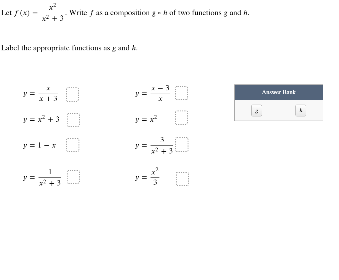 Solved Let f(x)=x2x2+3. Write f as a composition g@h of | Chegg.com Solved Let f(x)=x2x2+3. Write f as a composition g@h of | Chegg.com