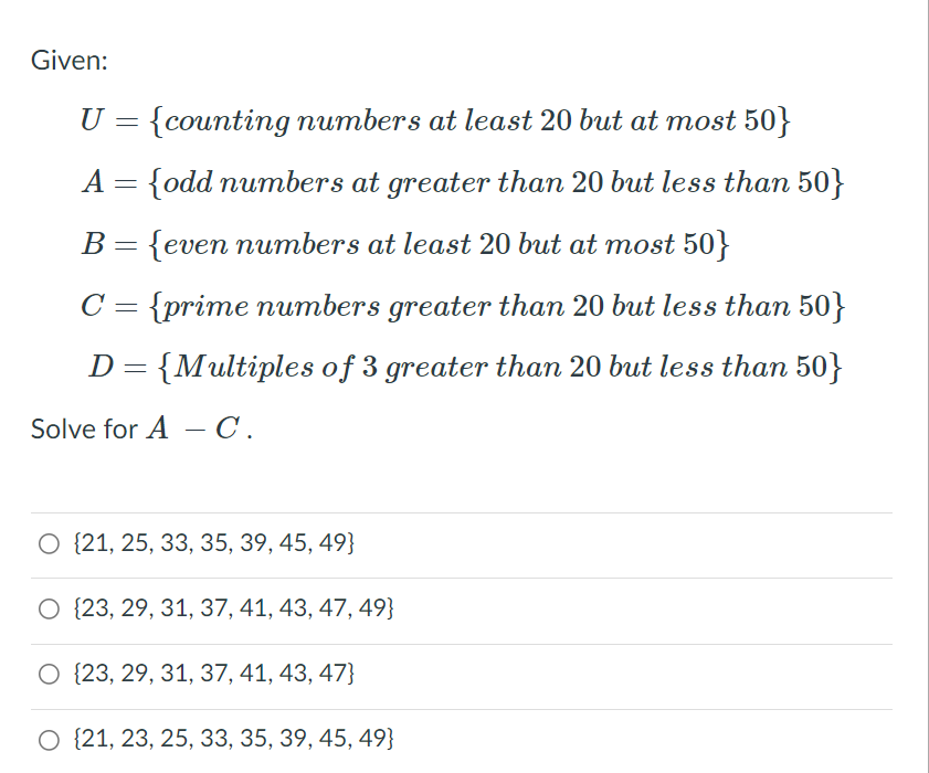 Solved Given: U = {counting numbers at least 20 but at most | Chegg.com