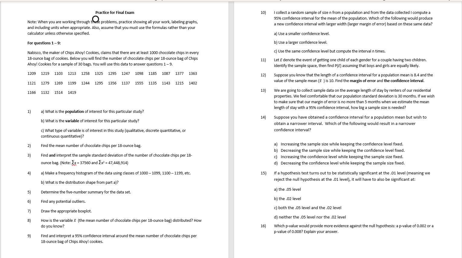 Practice for Final Exam 10) I collect a random sample | Chegg.com