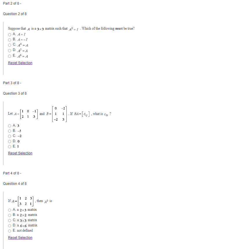Solved Part 2 of 8 - Question 2 of 8 Suppose that A is a 3x3 | Chegg.com
