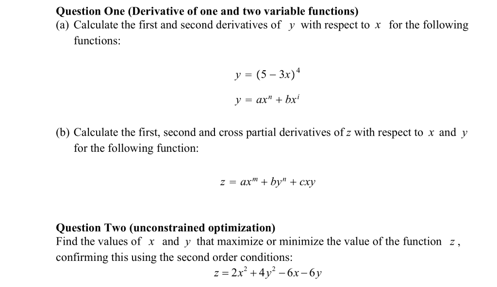 Solved Question One (Derivative of one and two variable | Chegg.com
