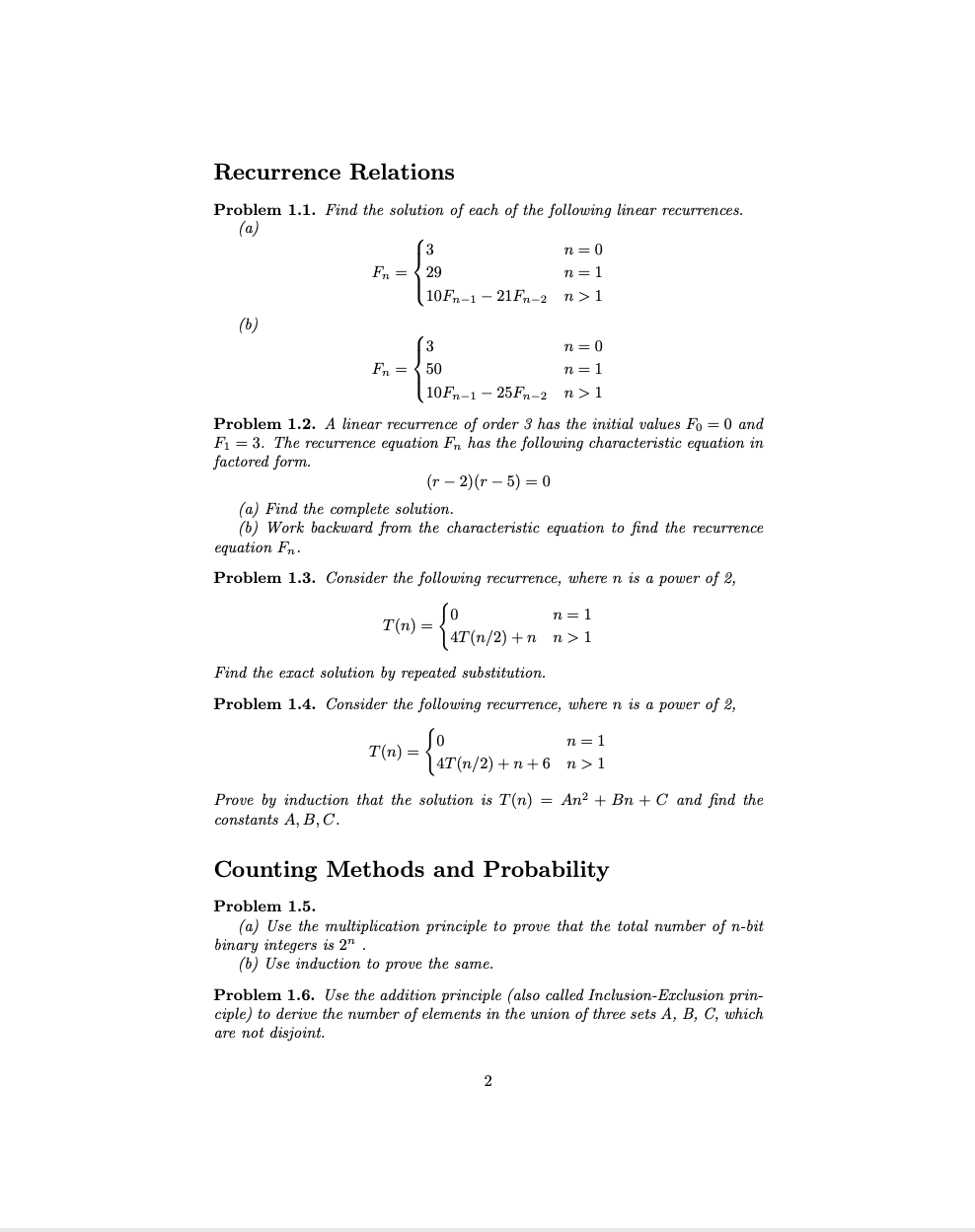 Solved Recurrence Relations Problem 1.1. Find the solution | Chegg.com