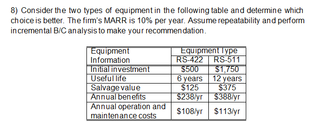 Solved 8) Consider the two types of equipment in the | Chegg.com