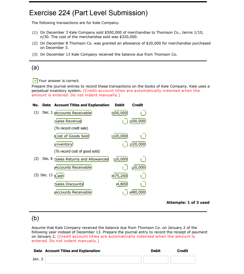 Solved Exercise 224 (Part Level Submission) The following | Chegg.com
