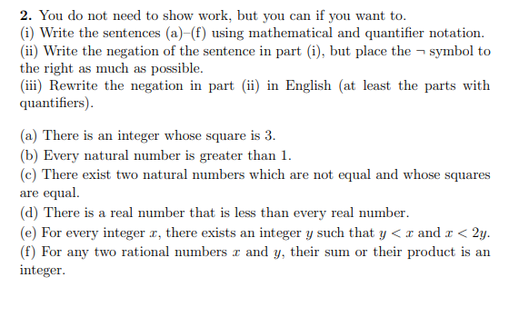 Solved 2. You do not need to show work, but you can if you | Chegg.com