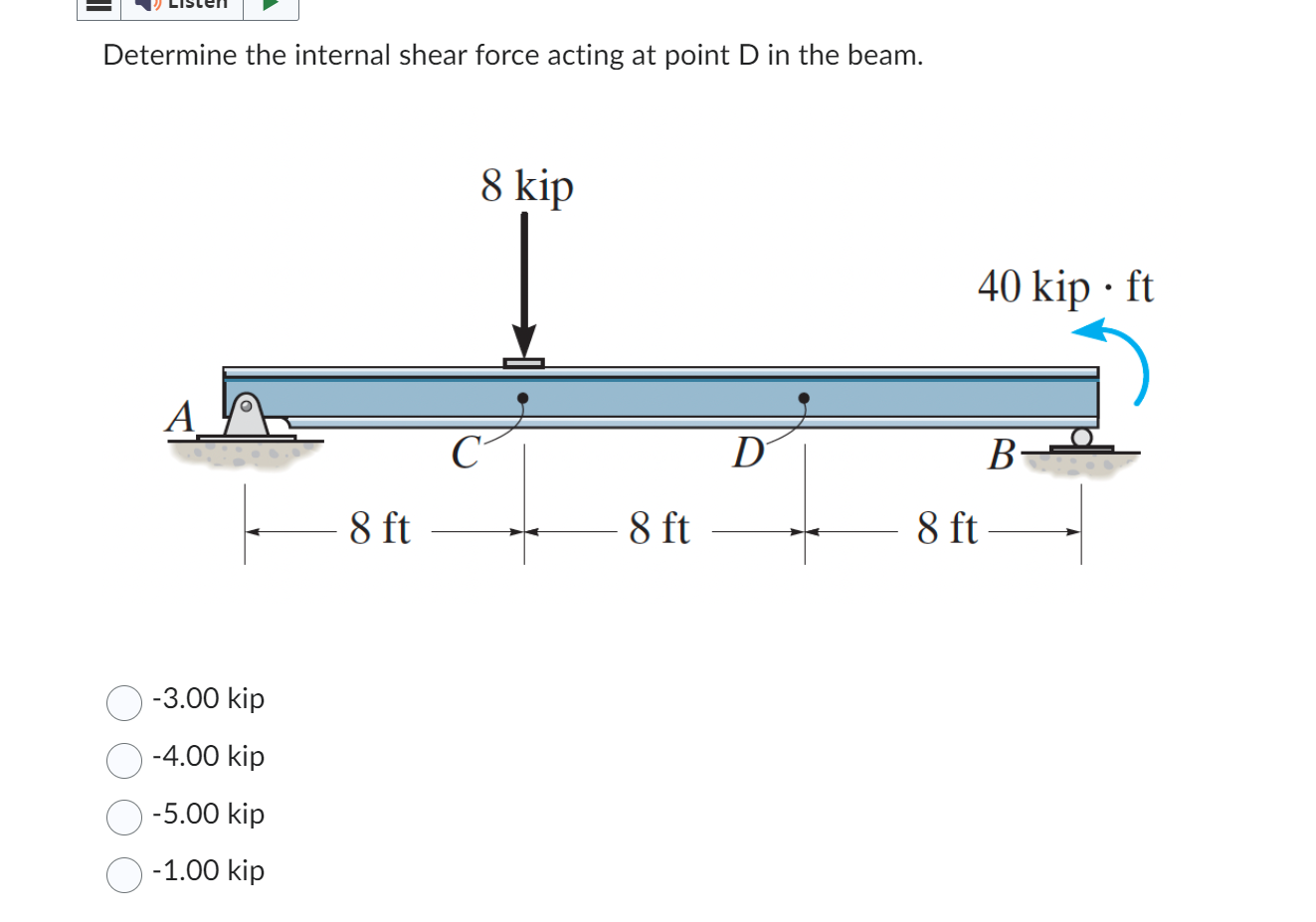 Solved Determine the internal shear force acting at point D | Chegg.com