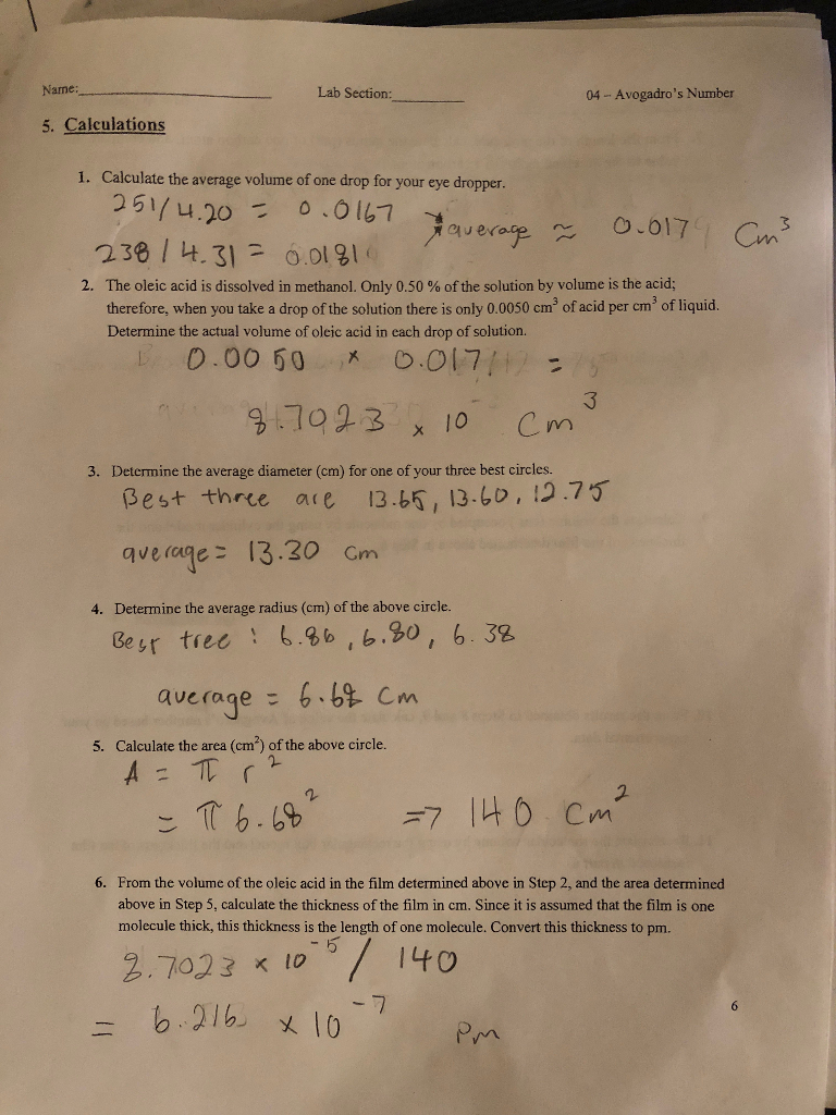 Solved Name: Lab Section: 04 - Avogadro's Number 5. | Chegg.com