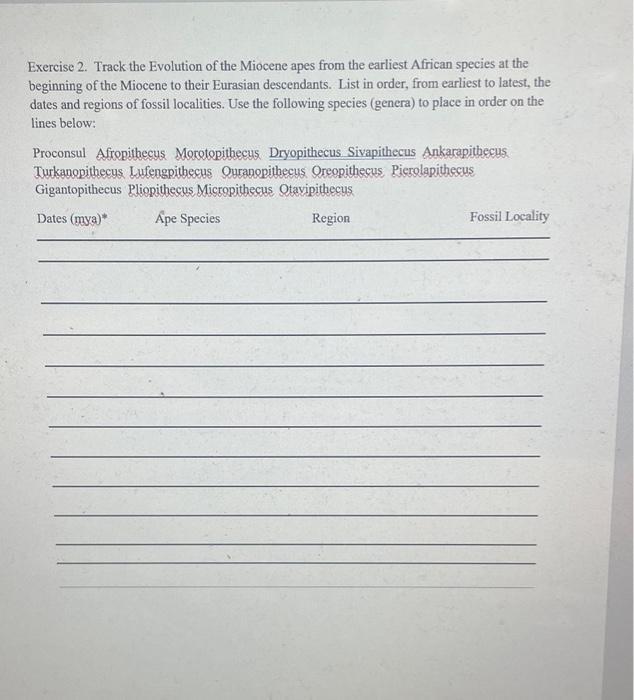 Exercise 2. Track the Evolution of the Miocene apes | Chegg.com