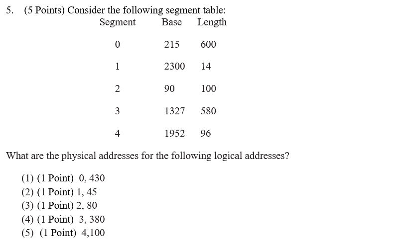 Solved 5. (5 Points) Consider the following segment table: | Chegg.com