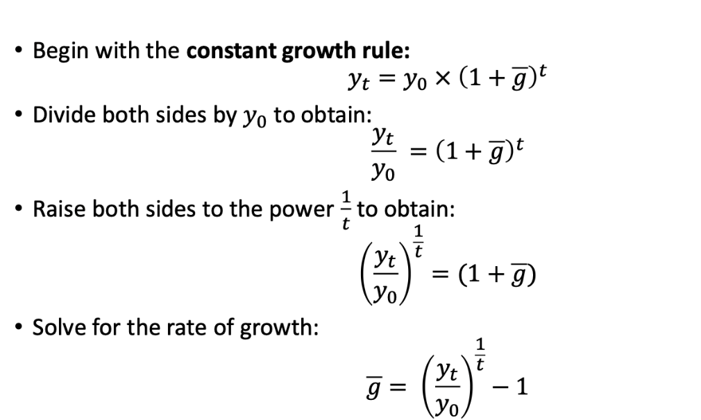 Solved - Begin with the constant growth rule: yt=y0×(1+gˉ)t | Chegg.com