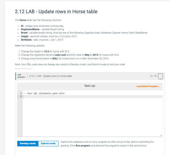 Solved 2.12 ﻿LAB - ﻿Update rows in Horse tableThe Horse | Chegg.com