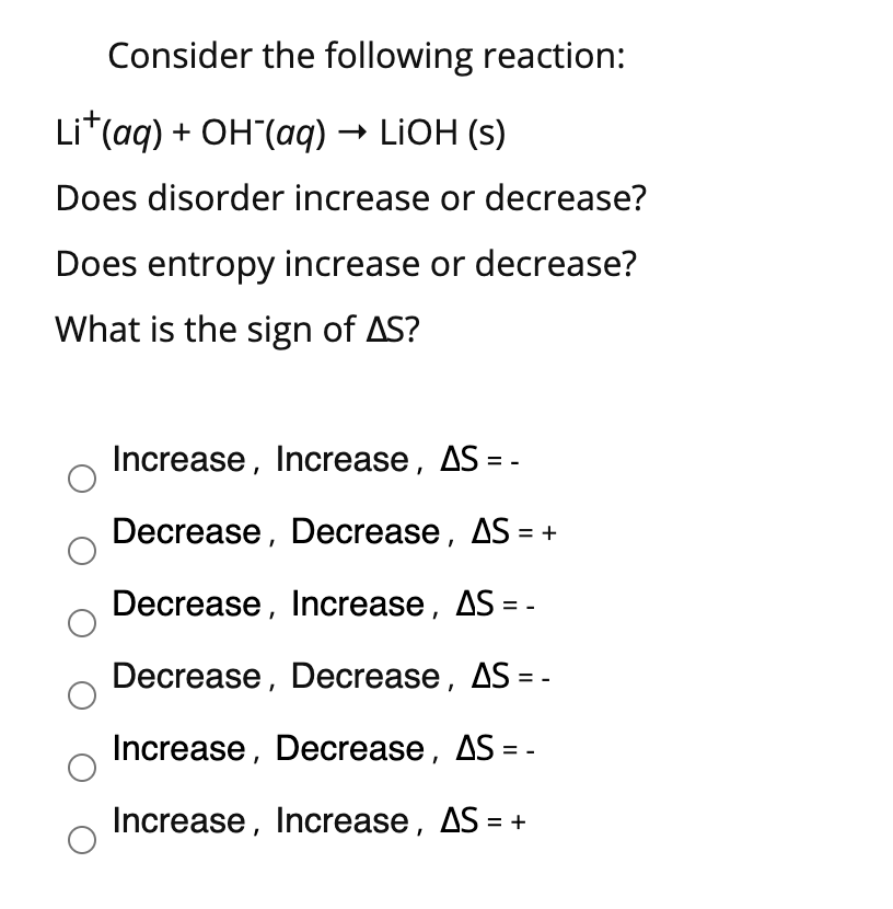 Solved Consider the following reaction: Lit(aq) + OH"(aq) + | Chegg.com