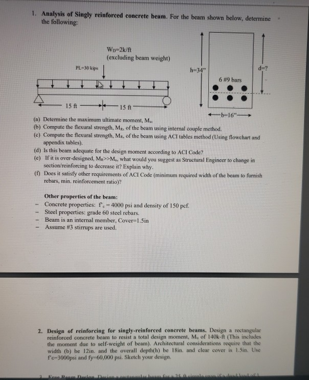 Solved 1. Analysis of Singly reinforced concrete beam. For | Chegg.com