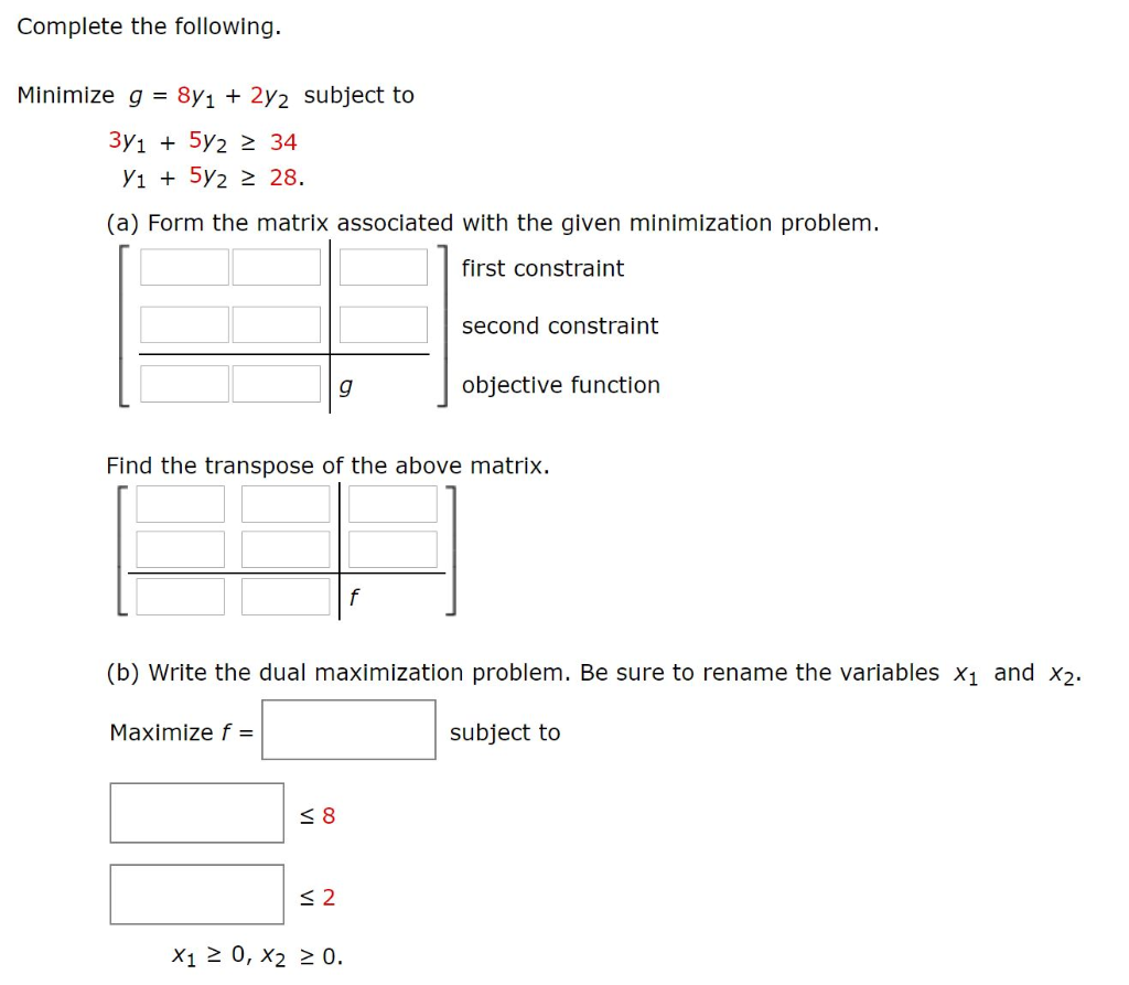 Solved Complete the following. Minimize g = 8Y1 + 2y2 | Chegg.com