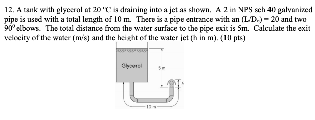 Solved 12. A tank with glycerol at 20 °C is draining into a | Chegg.com