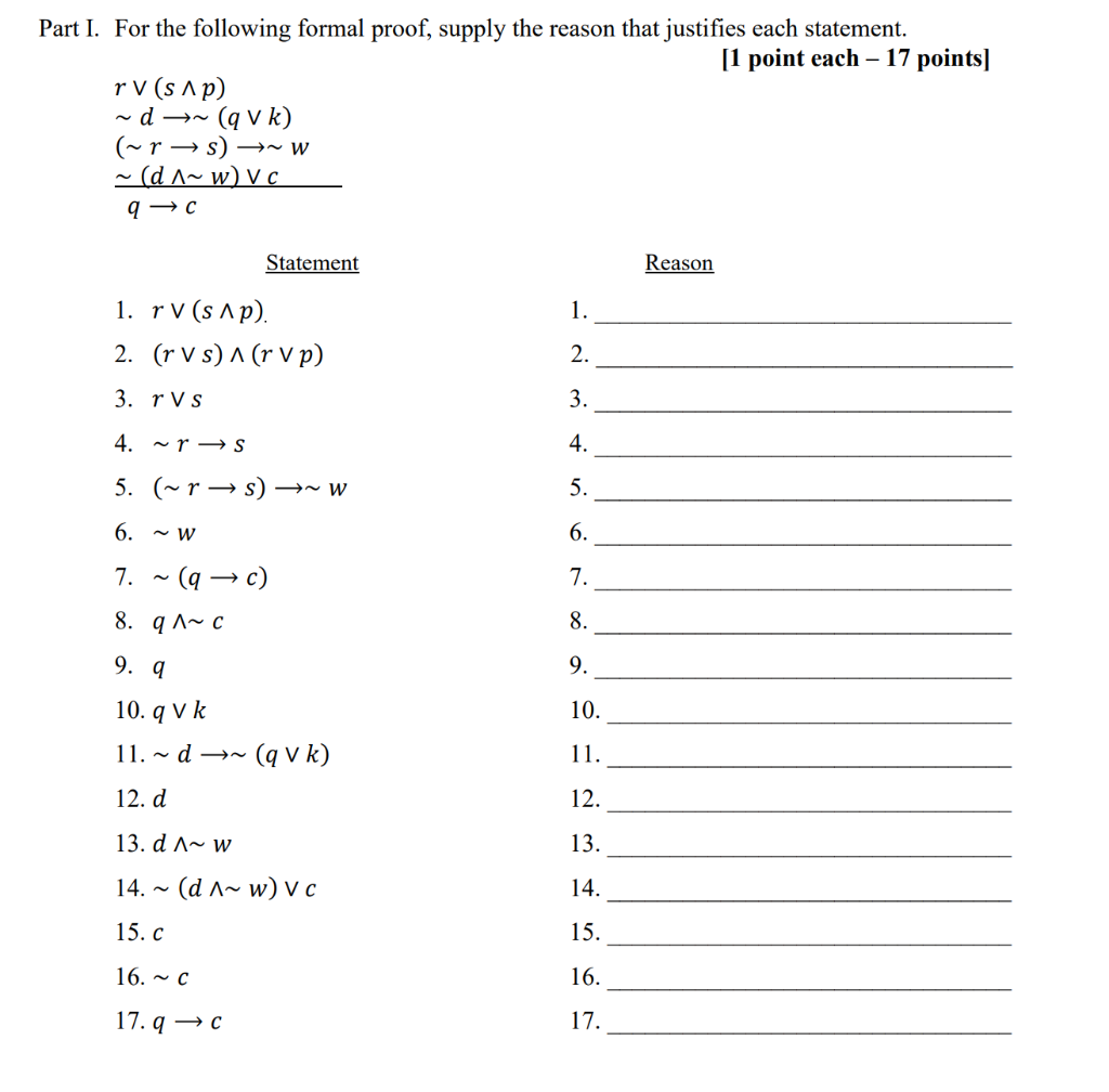 Solved Part I. For the following formal proof, supply the | Chegg.com