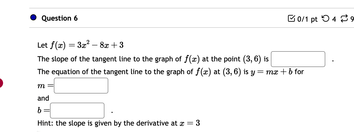 Solved Let f(x)=3x2−8x+3 The slope of the tangent line to | Chegg.com