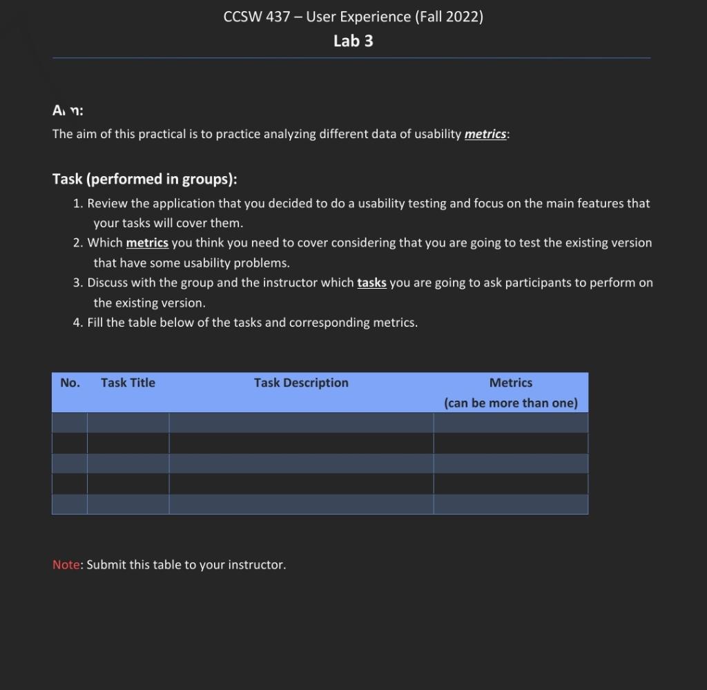 Solved CCSW 437 - User Experience (Fall 2022) Lab 3 A n: The | Chegg.com
