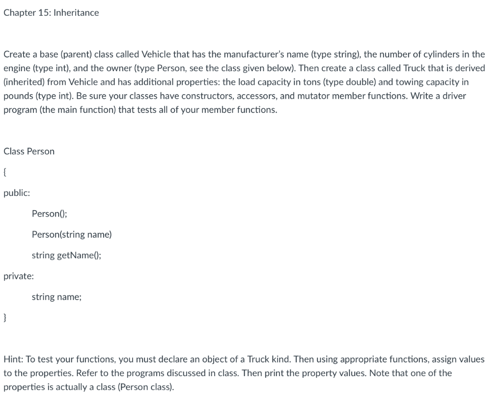 Solved Chapter 15: Inheritance Create a base (parent) class | Chegg.com