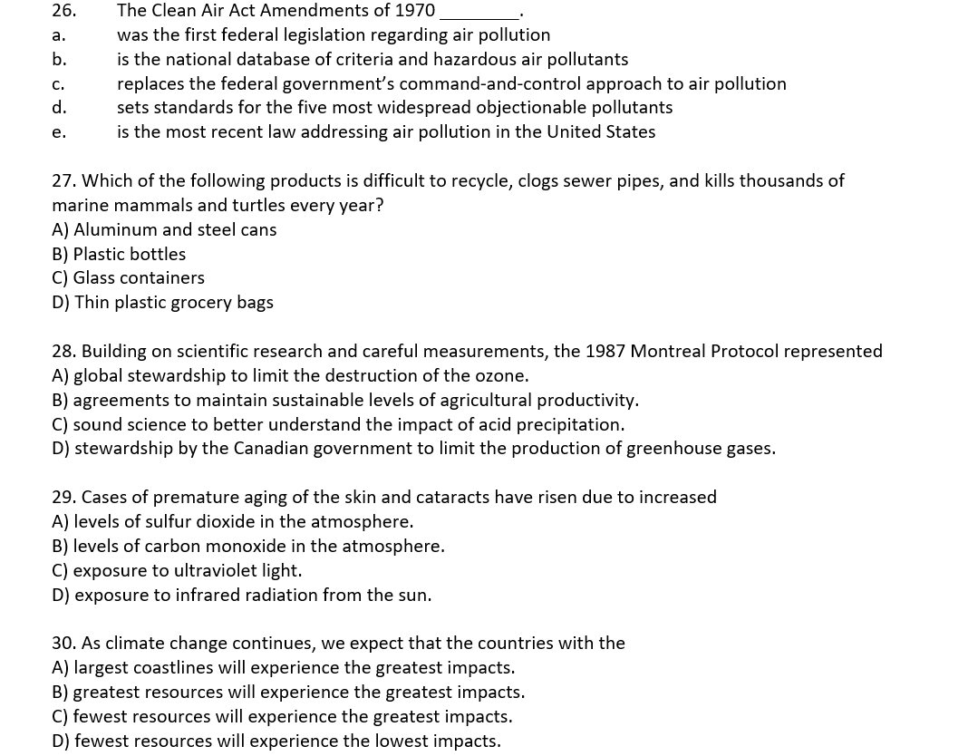 Solved 26. a. b. The Clean Air Act Amendments of 1970 was | Chegg.com
