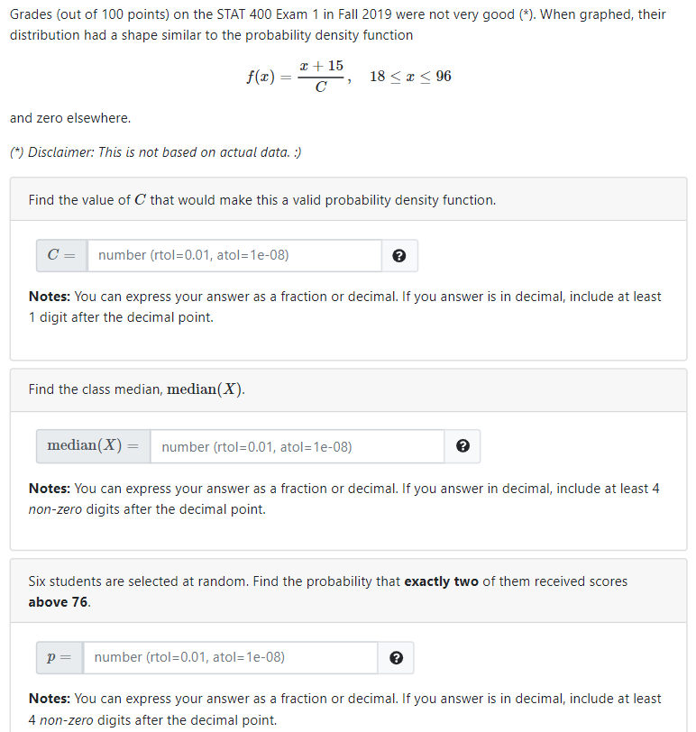 Solved Grades (out of 100 points) on the STAT 400 Exam 1 in | Chegg.com