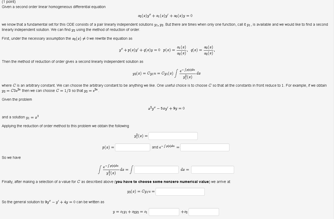 Solved (1 point) Given a second order linear homogeneous | Chegg.com