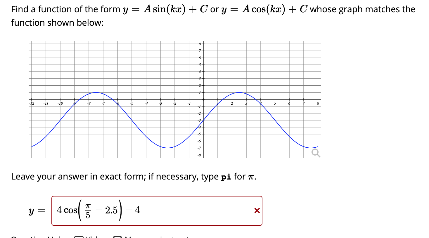 Solved Find a function of the form y = A sin(kx) + Cory= A | Chegg.com