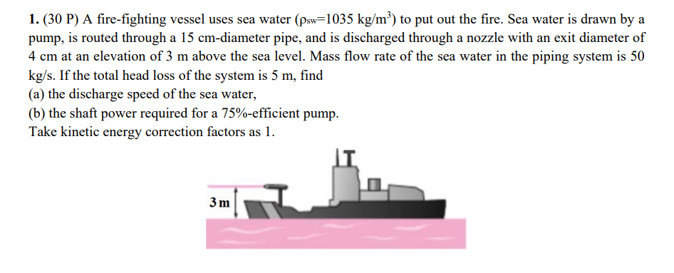Solved 1. (30 P) A fire-fighting vessel uses sea water | Chegg.com
