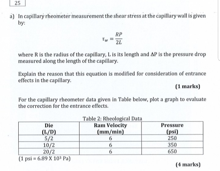 Solved 25 a) In capillary rheometer measurement the shear | Chegg.com