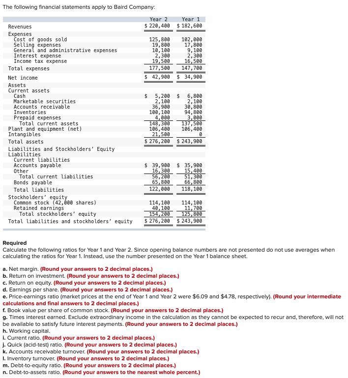 Solved The following financial statements apply to Baird | Chegg.com