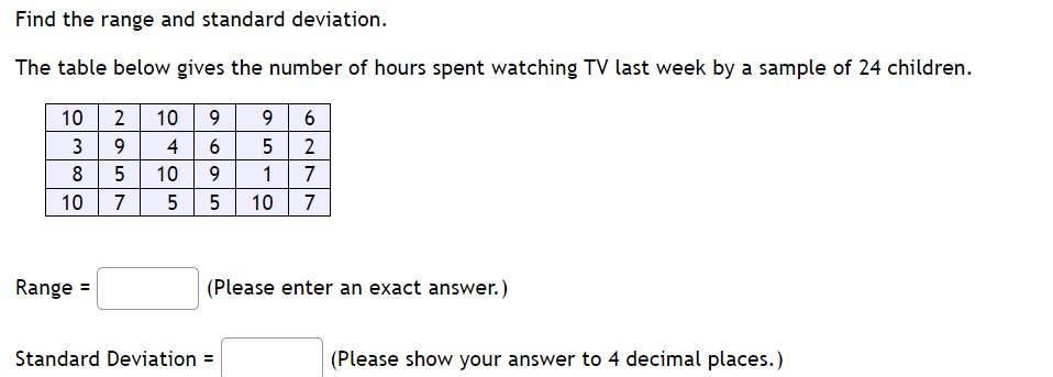Solved Find the range and standard deviation. The table | Chegg.com