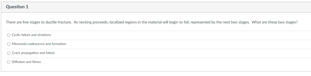 Solved Question 1 There are five stages to ductile fracture. | Chegg.com