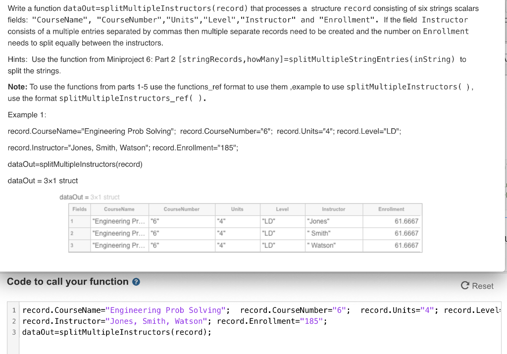 Write a function dataout=splitMultipleInstructors | Chegg.com