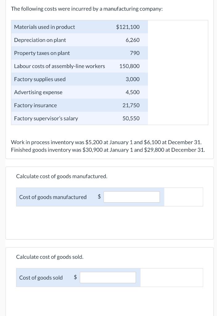 Solved The following costs were incurred by a manufacturing | Chegg.com