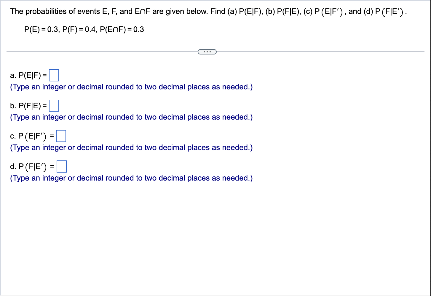 Solved The probabilities of events E,F, and E∩F are given | Chegg.com