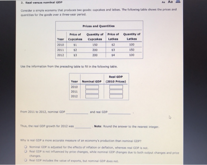 Solved 2. Real versus nominal GDP Aa Aa Consider a simple | Chegg.com