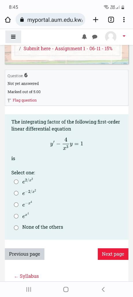 Solved The integrating factor of the following first-order | Chegg.com