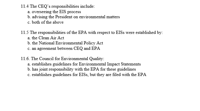 Solved 11.4 The CEQ's responsibilities include: a. | Chegg.com