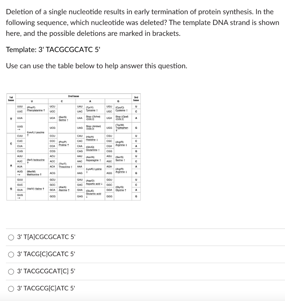 Solved Deletion of a single nucleotide results in early | Chegg.com