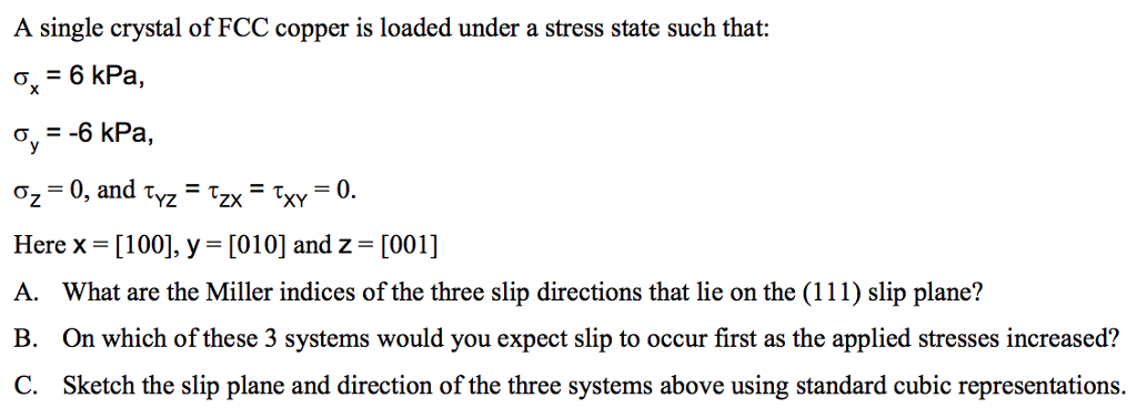 Solved A single crystal of FCC copper is loaded under a | Chegg.com
