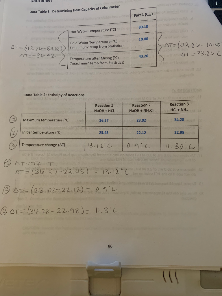 Data Sheet Data Table 1: Determining Heat Capacity of | Chegg.com