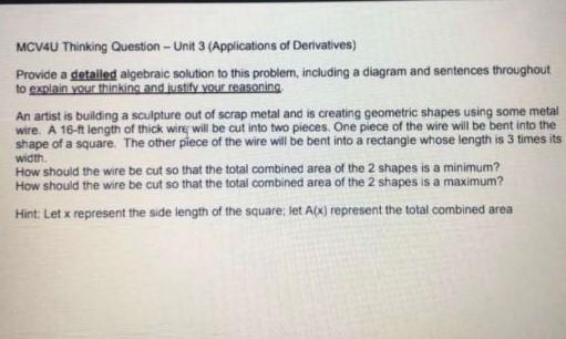 Solved MCV4U Thinking Question - Unit 3 (Applications of | Chegg.com