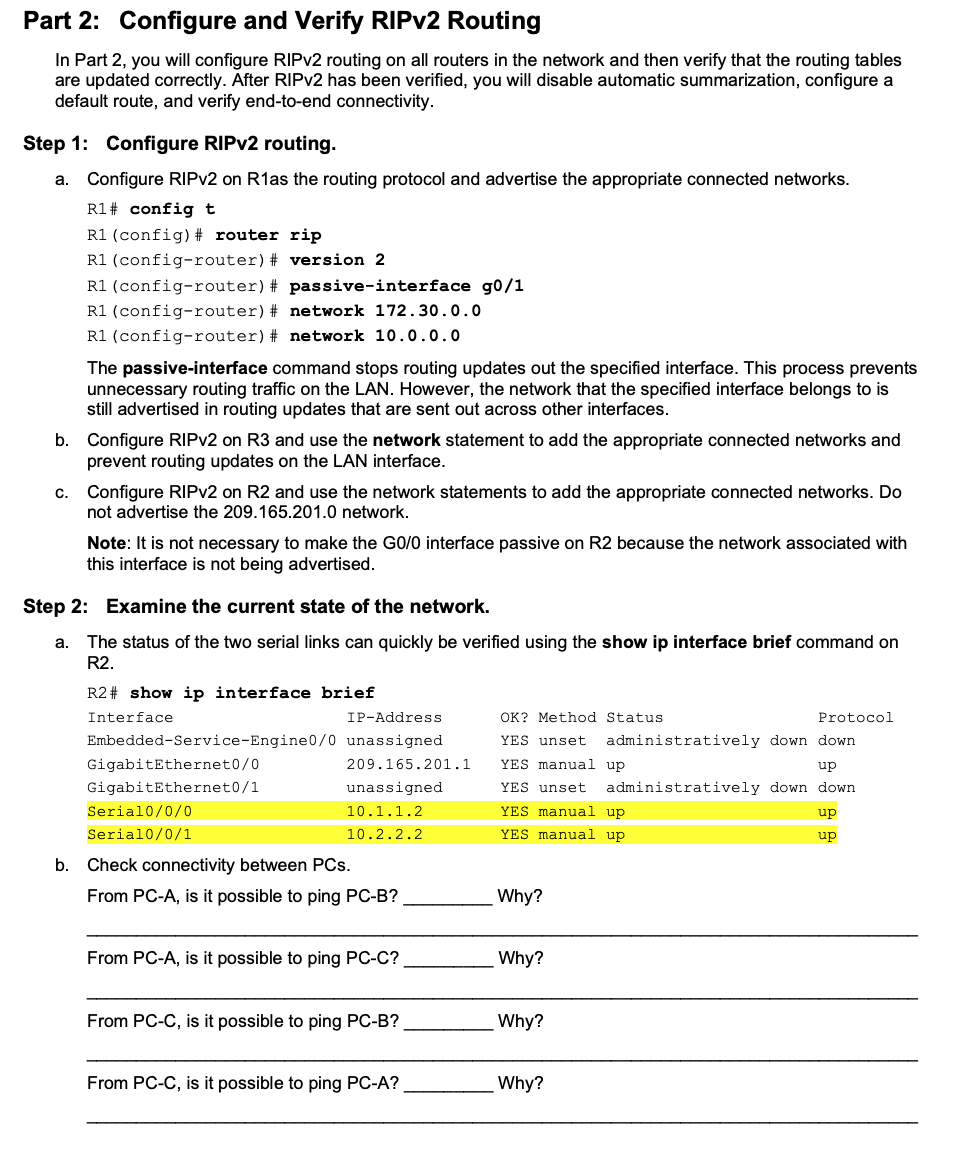 Solved Configuring RIPv2 Topology R1 GO/1 S1 FO/6 PC-A | Chegg.com