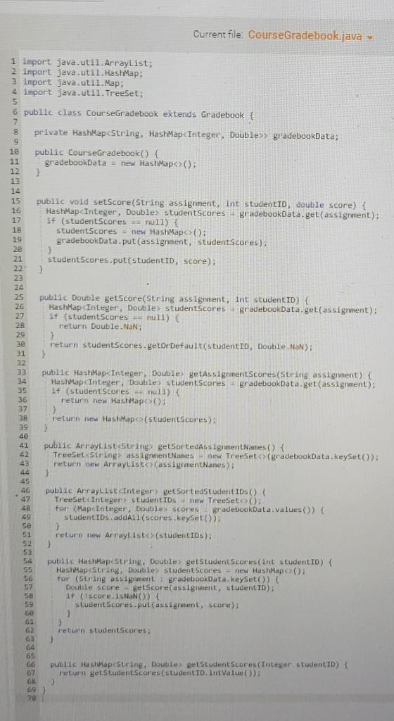 Current file: CourseGradebookjava = Tport java.util. | Chegg.com