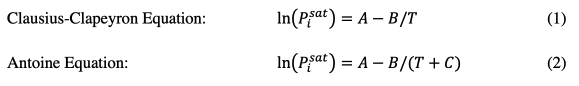 Solved Clausius-Clapeyron Equation: In(Psat) = A - B/T (1) | Chegg.com