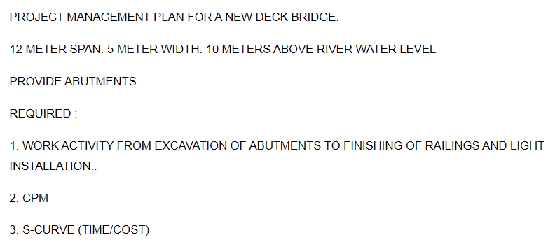 Solved PROJECT MANAGEMENT PLAN FOR A NEW DECK BRIDGE: 12 | Chegg.com
