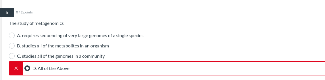 Solved 6 0/2 points The study of metagenomics A. requires | Chegg.com