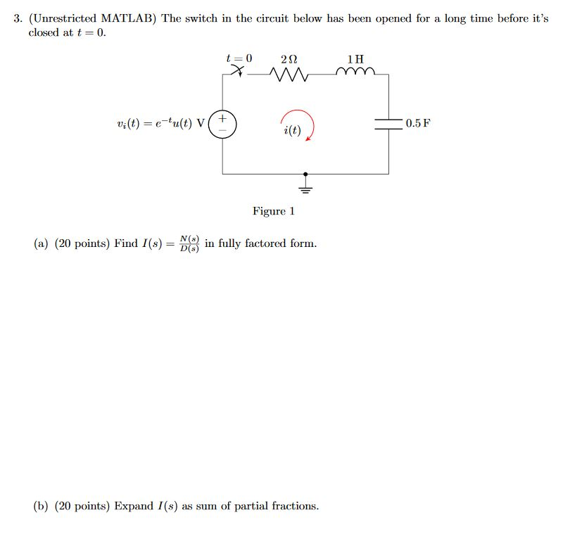 Solved 3. (Unrestricted MATLAB) The switch in the circuit | Chegg.com