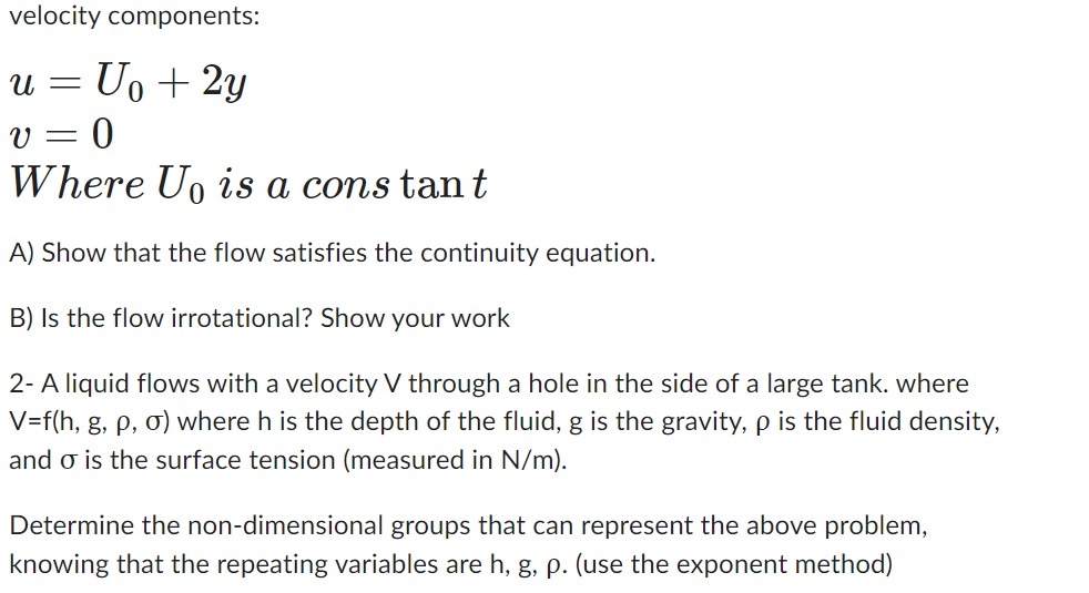 Solved velocity components:u=U0+2yv=0Where U0 ﻿is a cons | Chegg.com