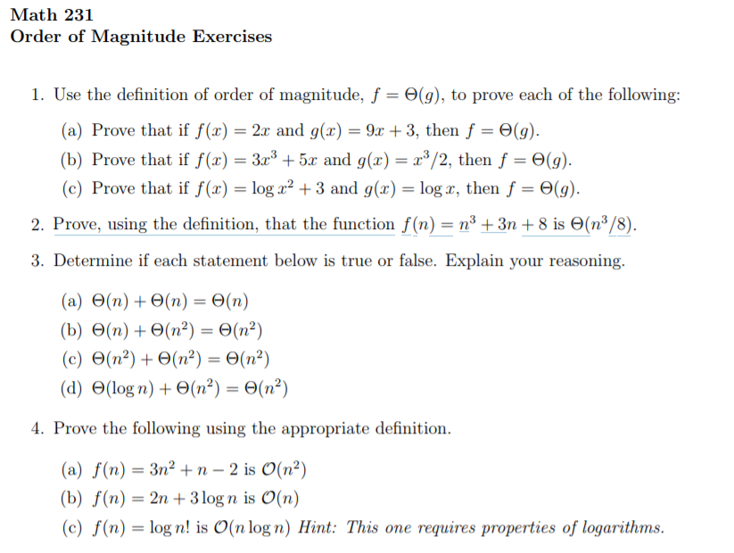 Solved Math 231 Order of Magnitude Exerci 1. Use the | Chegg.com